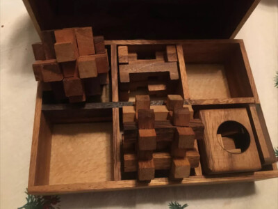 Box of 3D Brain Teaser Games - Handmade in a Wooden Box - Mind Puzzles ...