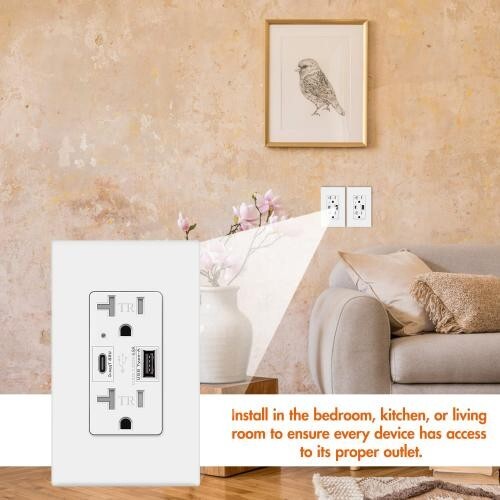 4.8A USB C Outlet UL Dual High Speed, Receptacle 20 Amp,125 Volt, White ...