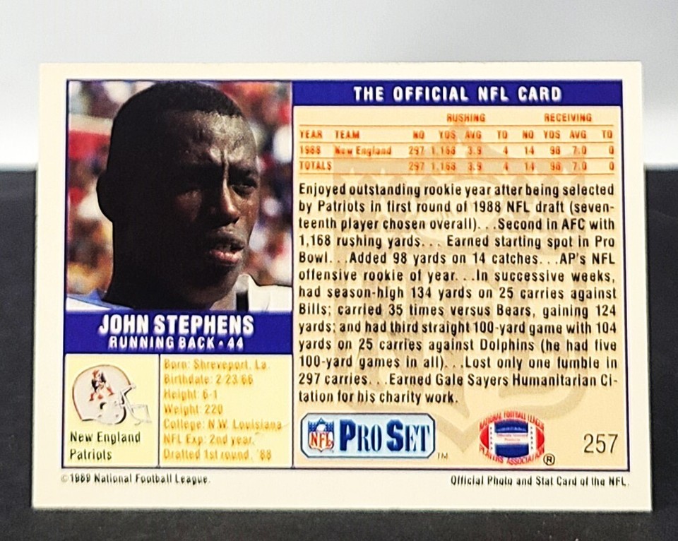 JOHN STEPHEN Signed 1989 Pro Set Football Card #257 New England ...