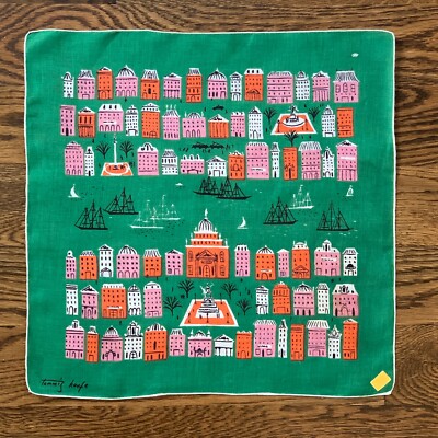 🏞 RARE Vintage Linen Handkerchief TAMMIS KEEFE "RIVER CITY" Kimball ...
