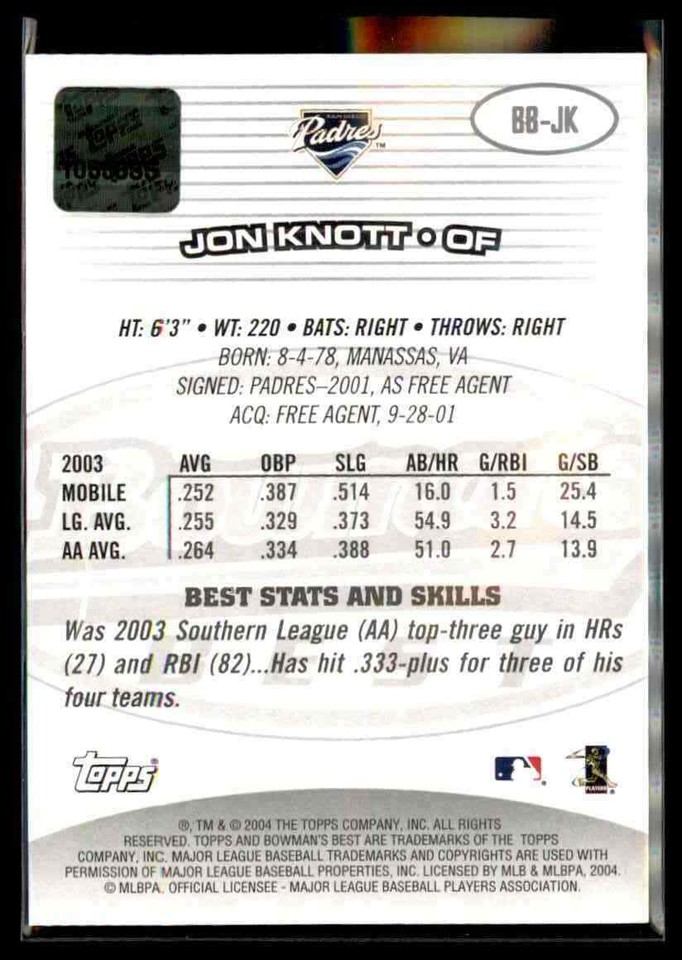 2004 Bowman Best San Diego Padres rookie Jon Knott Auto | eBay