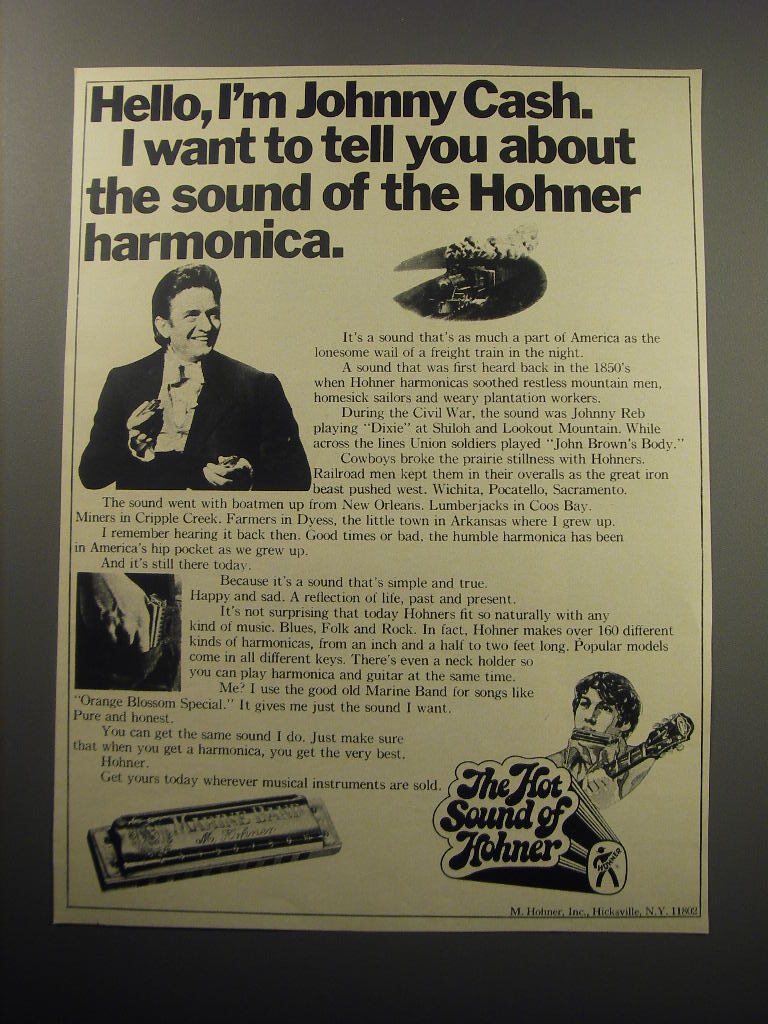 1970 Hohner Harmonica Ad - Hello, I'm Johnny Cash. I want to tell you ...