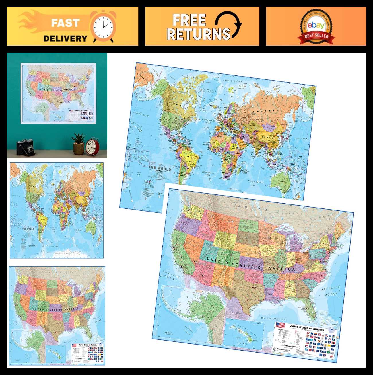 Laminated World & US Map Poster Set - 17"x22" - Detailed Cartography ...