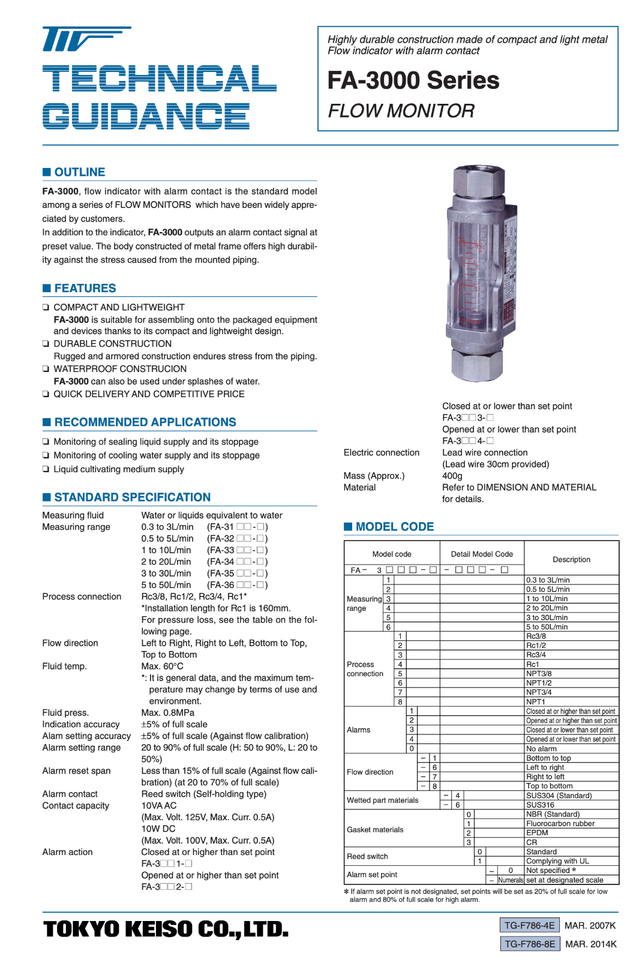 TIV TOKYO KEISO FA-3000 FA-3424 Flow Monitor F07-280079 2-20 L/Min TEL ...