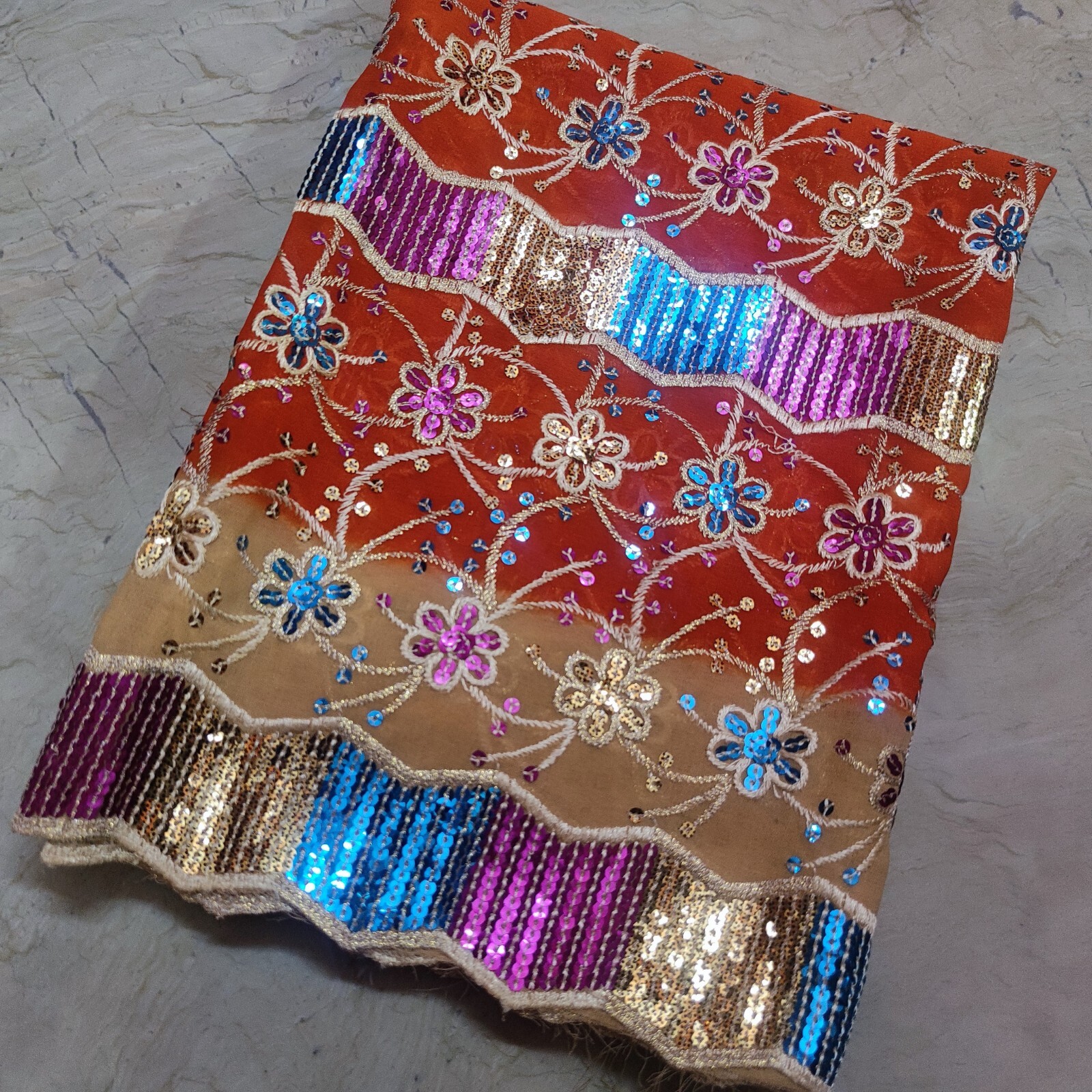 Antique Indian Wedding Dupatta Sequins Emb Scarf Beab… - Gem