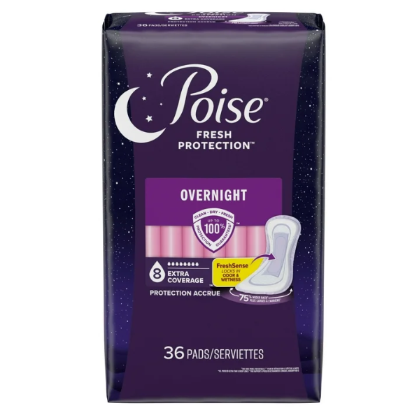 Poise Overnight Incontinence Pads for Women, 8 Drop Extra Coverage, 36 ...