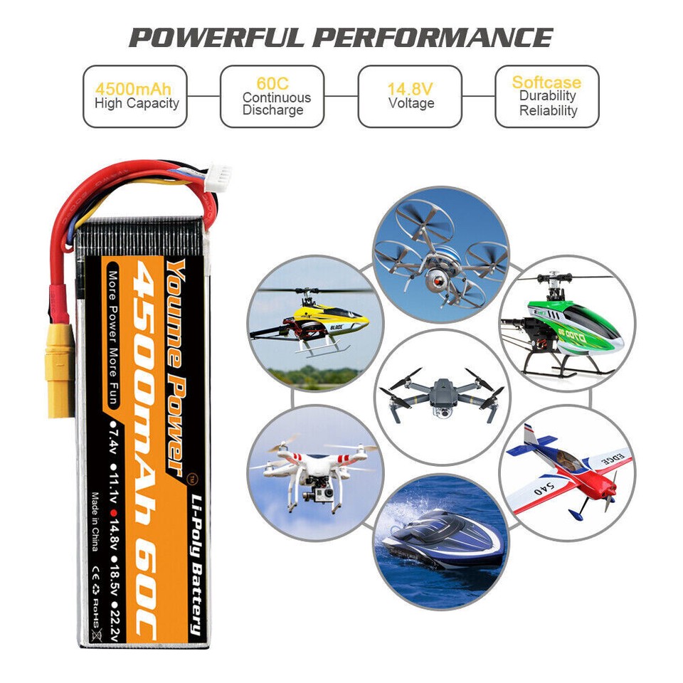 2pcs 14.8V 4S 4500mAh 60C XT90 Lipo Battery for RC Car Helicopter ...