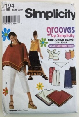 VTG `00 Simplicity 9194 Juniors JR GROOVES BOHO Top Pants Poncho Multi ...