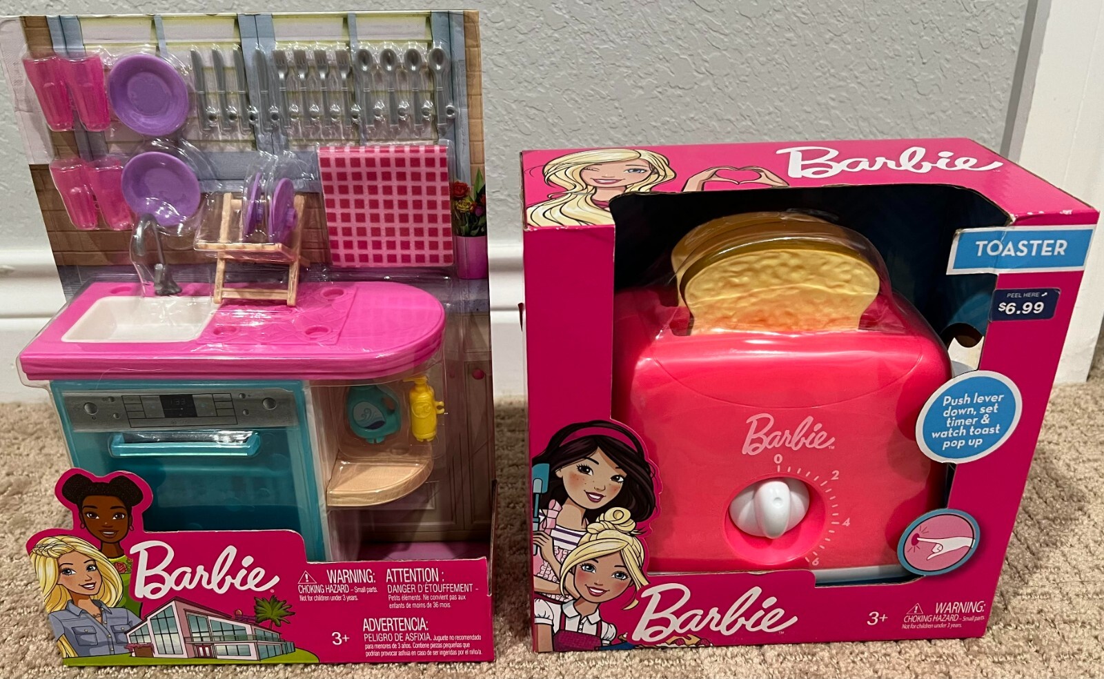 Barbie Kid's Kitchen Set Dishwasher, Dishes, Toaster Pretend Play 3 ...