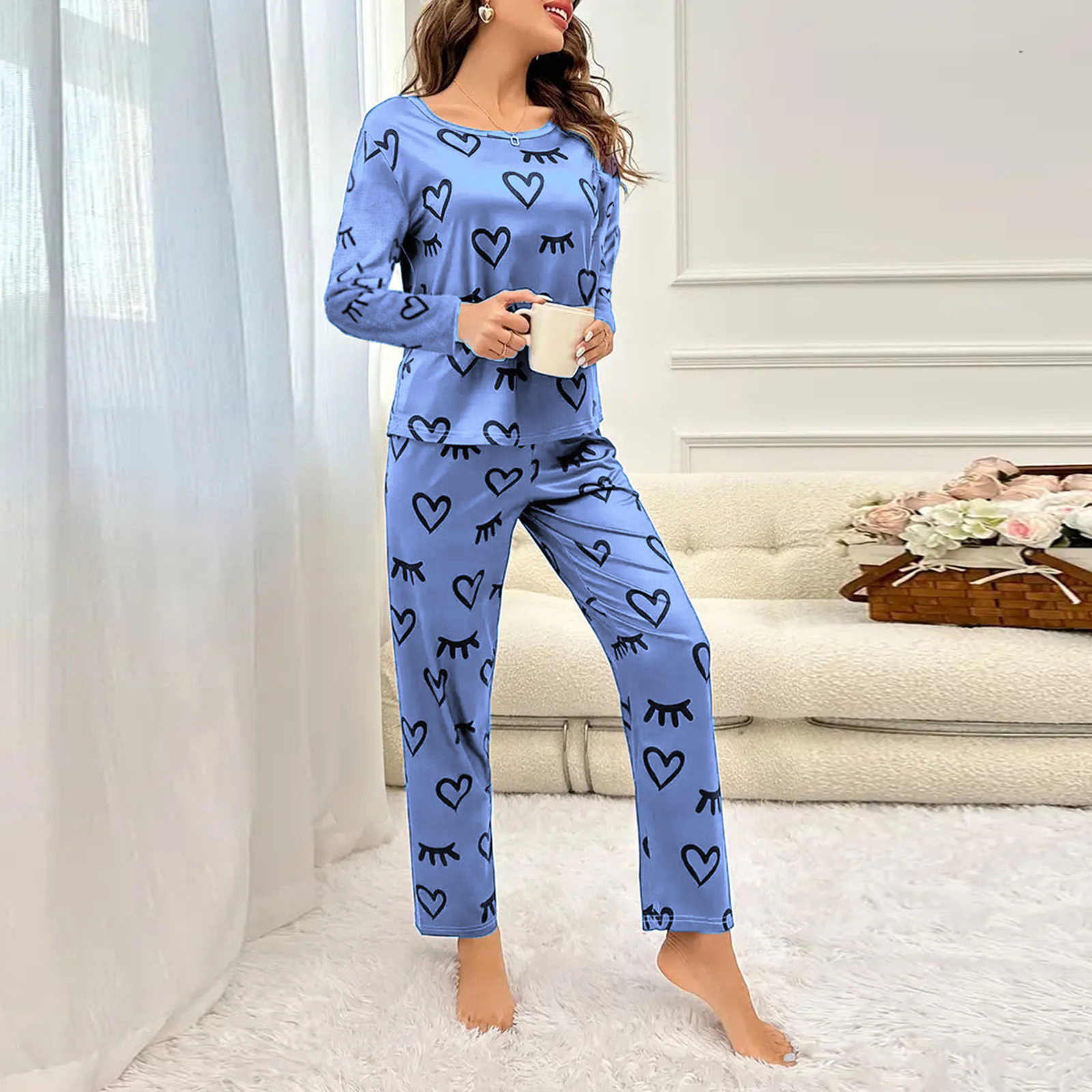 Women Two-piece Loungewear Set Heart Print Women's Spring Pajamas with ...