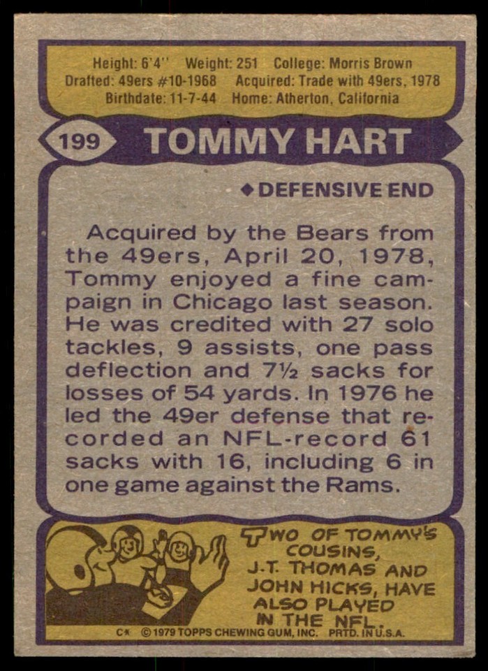 1979 TOPPS TOMMY HART . CHICAGO BEARS #199 | eBay