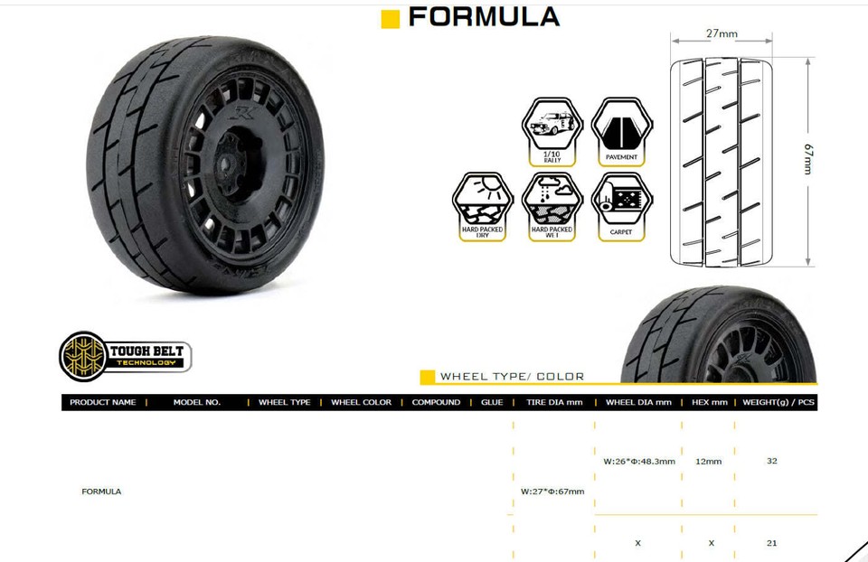 Powerhobby 1/10 Formula Mounted Tires / Claw Wheels (4) For Traxxas ...