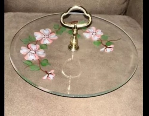 Serving Plate Signed Floral Design 8”Viking Glass Handled Round Vintage ...
