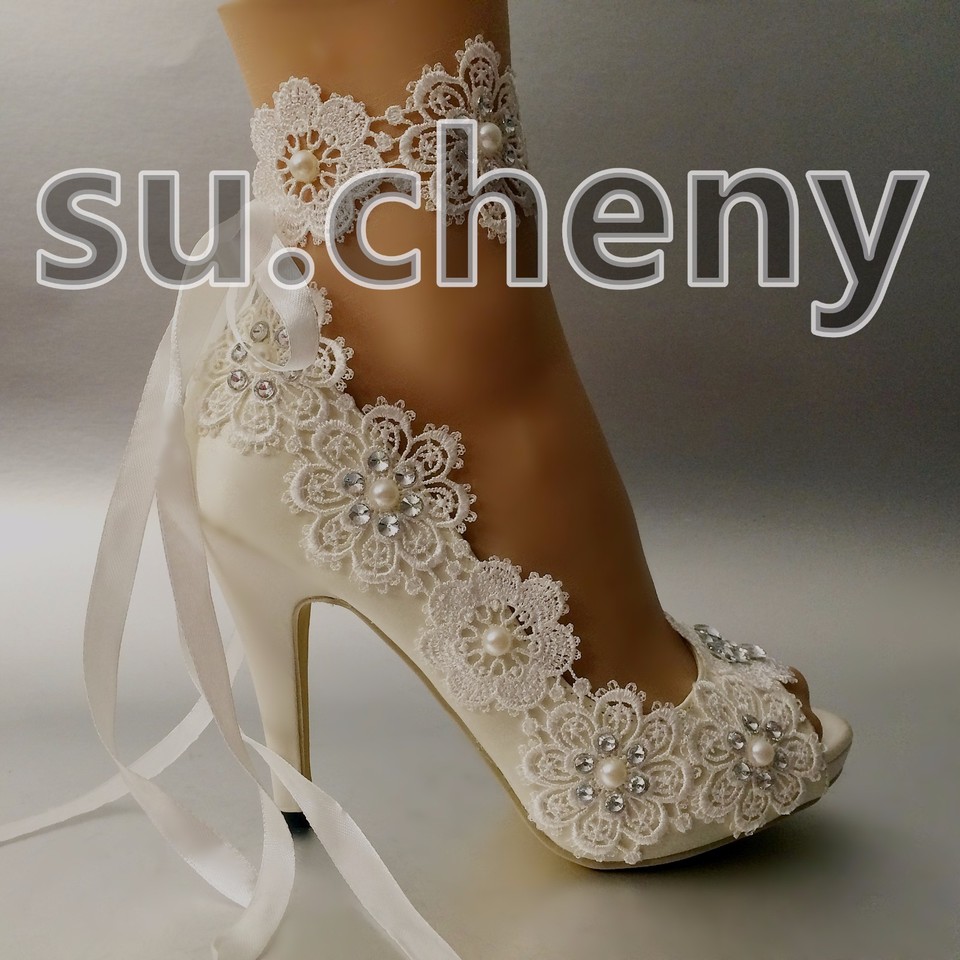 su.cheny 3”4”Snowflake satin white ivory lace open toe heel Wedding ...
