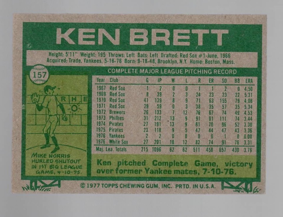 1977 Topps Ken Brett Chicago White Sox #157 Excellent | eBay