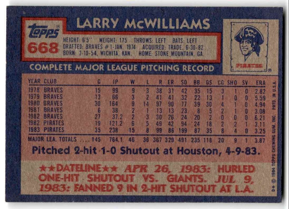 1984 Topps Larry McWilliams Pittsburgh Pirates #668 | eBay