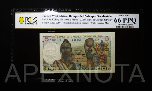 FRENCH WEST AFRICA 5 FRANC 1951 P36 PCGS 66 GEM UNC PPQ EPQ ORIGINAL ...