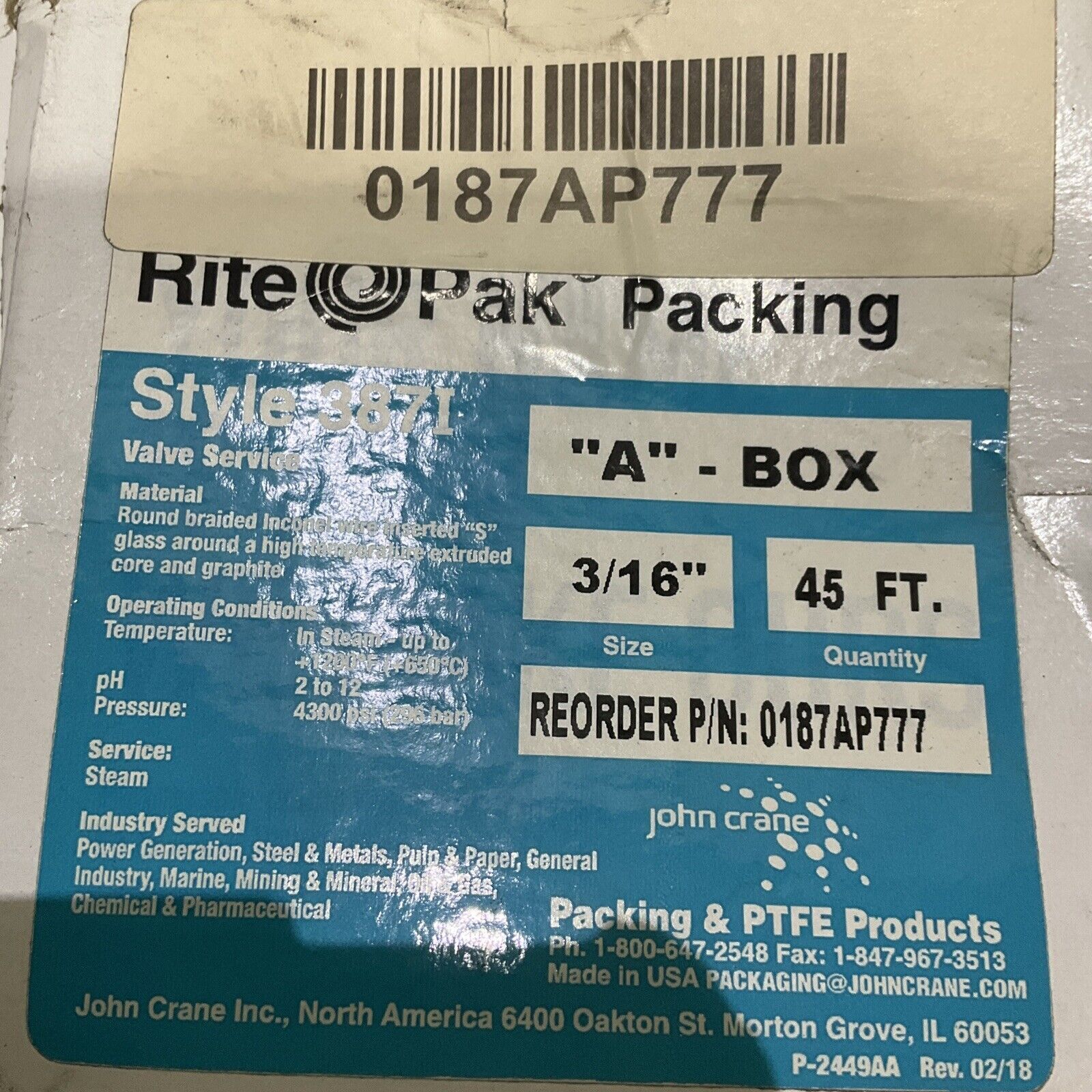 JOHN CRANE RITE PAK 387I 0187AP777 MECHANICAL PACKING 3/16 IN 45 FT 678 ...