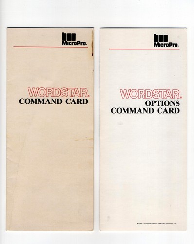 Vintage MicroPro Wordstar 1986 Command Card & 1982 Options Command Card ...