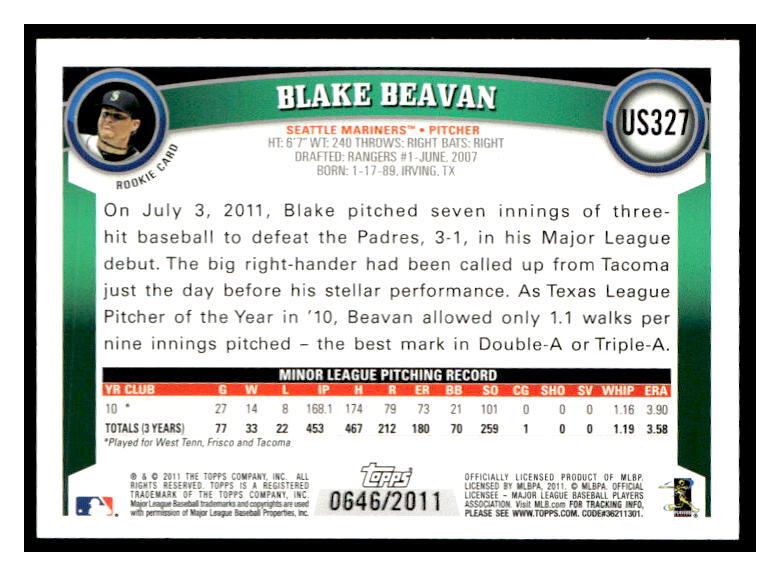 2011 Topps Update #US327 Blake Beavan Gold #/2011 | eBay