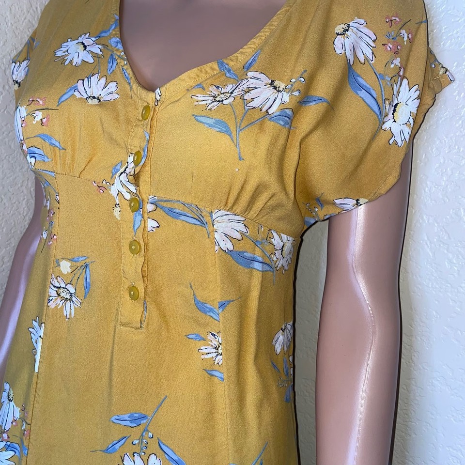 Clockhouse dress mustard yellow mini floral print cap sleeve sun summer ...
