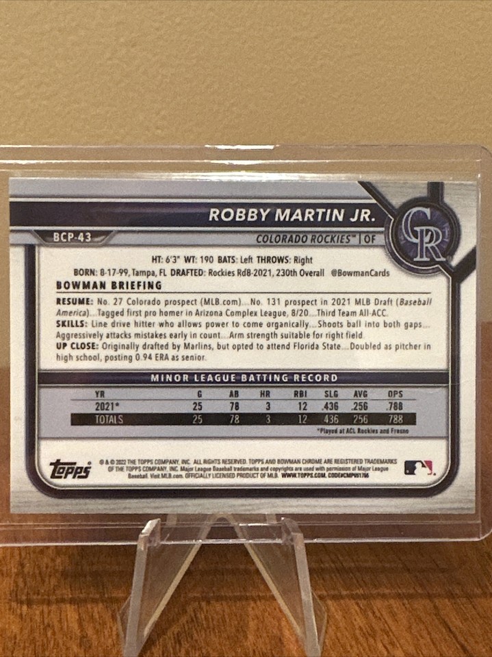 2022 Bowman Chrome Prospects #BCP-43 Robby Martin Jr. NM-MT Rockies 1st ...
