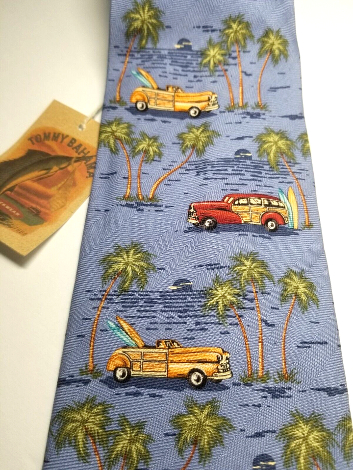 NWT Tony Bahama Light Blue Repp Tie Beach Scene Woody Vehicle and ...