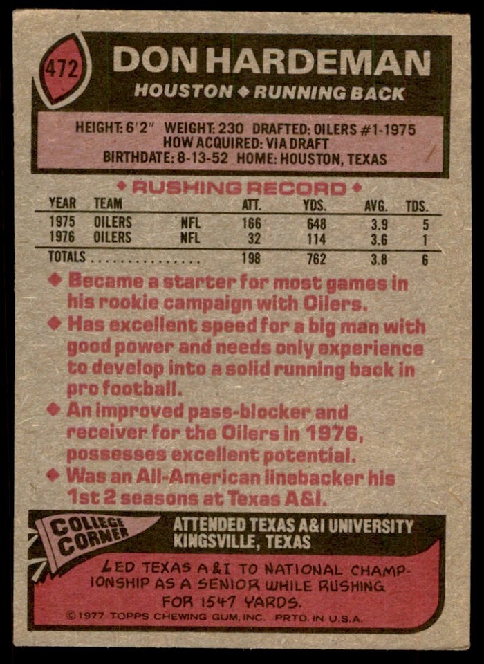 1977 Topps #472 Don Hardeman | eBay