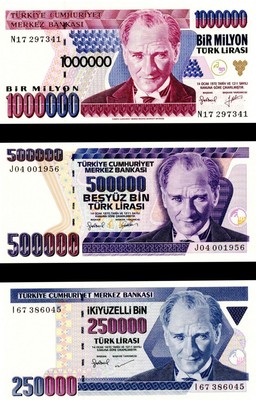 Turkey - Set of 3 Notes - 250,000,500,000,1,000,000 Lira - p-207-209 ...