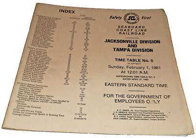 1981 SCL SEABOARD COAST LINE JACKSONVILLE TAMPA DIVISIONS EMPLOYEE TIMETABLE #6 | eBay