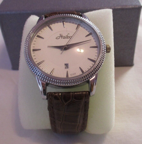 Haibo Watch Mens Date Calendar Silver Brown Leather Band Stainless ...