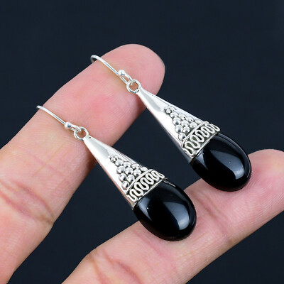 Black Onyx Solid 925 Sterling Silver Handmade Earrings Jewelry For Gift ...