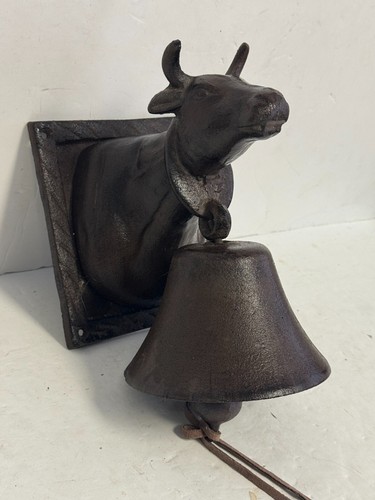 Vintage Cast Iron COW BELL w/Bull Head Sq. Wall Mount Dark Brown. Great ...