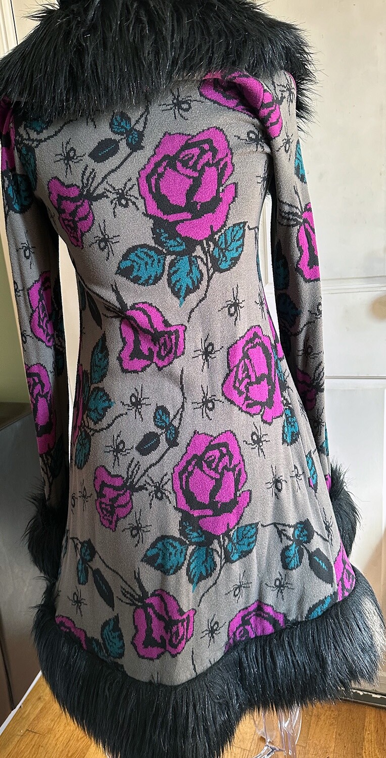 Betsey Johnson Spider Rose Sweater Coat Duster Vintage Faux Fur Purple ...
