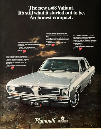 1968 Plymouth Valiant Honest Compact Chrysler Corp GM Vintage Print Ad ...
