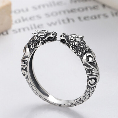 Pure S925 Sterling Silver Men Women Lucky Double Dragon Open Ring Us ...