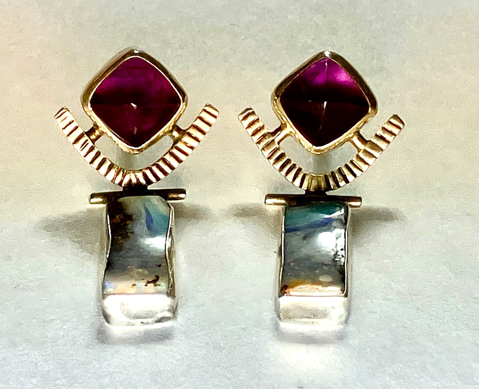 Opal Amethyst post earrings in sterling silver Bezel set signed Debbie ...