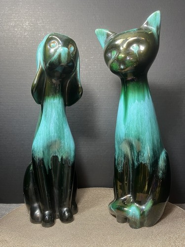 Blue Mountain Pottery Cat & Dog Figurine Blue Green Teal Drip Glaze 14 ...