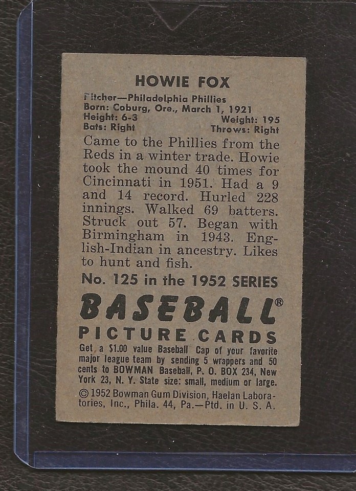 1952 Bowman Baseball Card #125 Howie Fox, Philadelphia Phillies, EX! | eBay