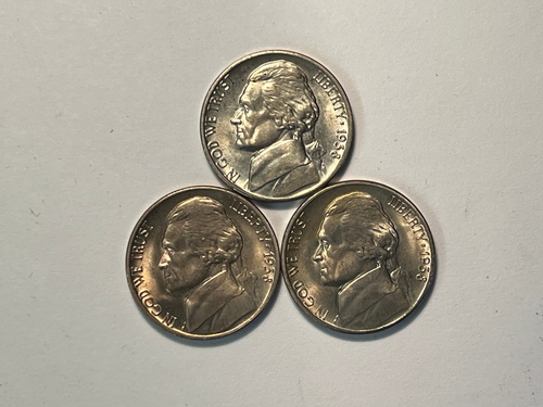 VERY NICE SET of all 3-1938 JEFFERSON NICKELS = 1938-p-d & s..with FREE ...