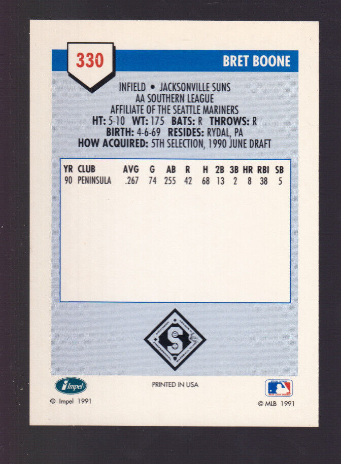 1991 LINE DRIVE Brett Boone PRE-ROOKIE AA BASEBALL CARD #330 ...