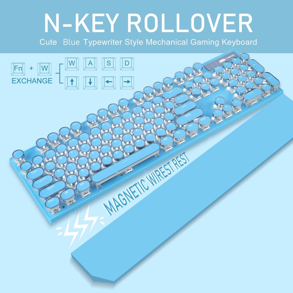 Typewriter Style Mechanical Gaming Keyboard Retro 104 Keys Blue Switch ...