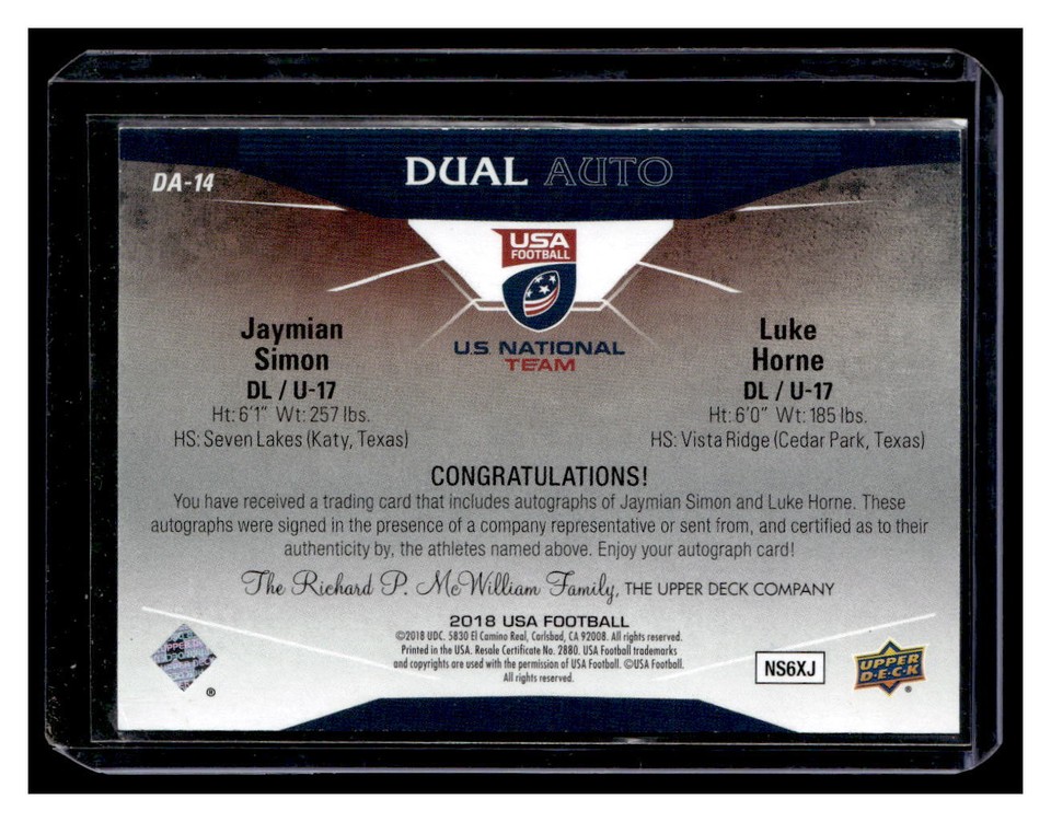 JAYMIAN SIMON LUKE HORNE 2018 UPPER DECK USA AUTOGRAPH /25 AUTO | eBay