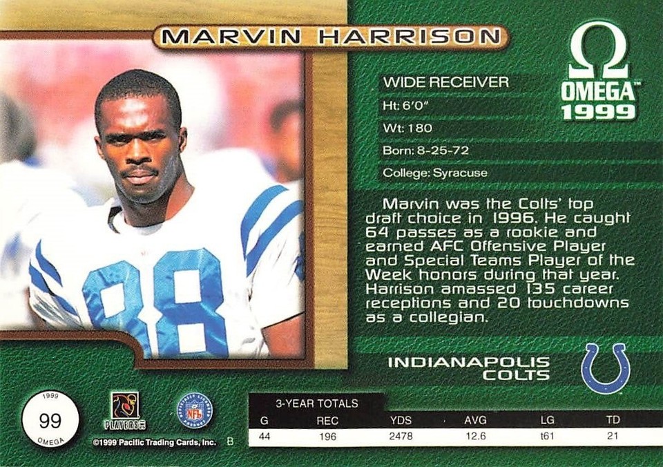 1999 Pacific Omega Football #99 Marvin Harrison | eBay