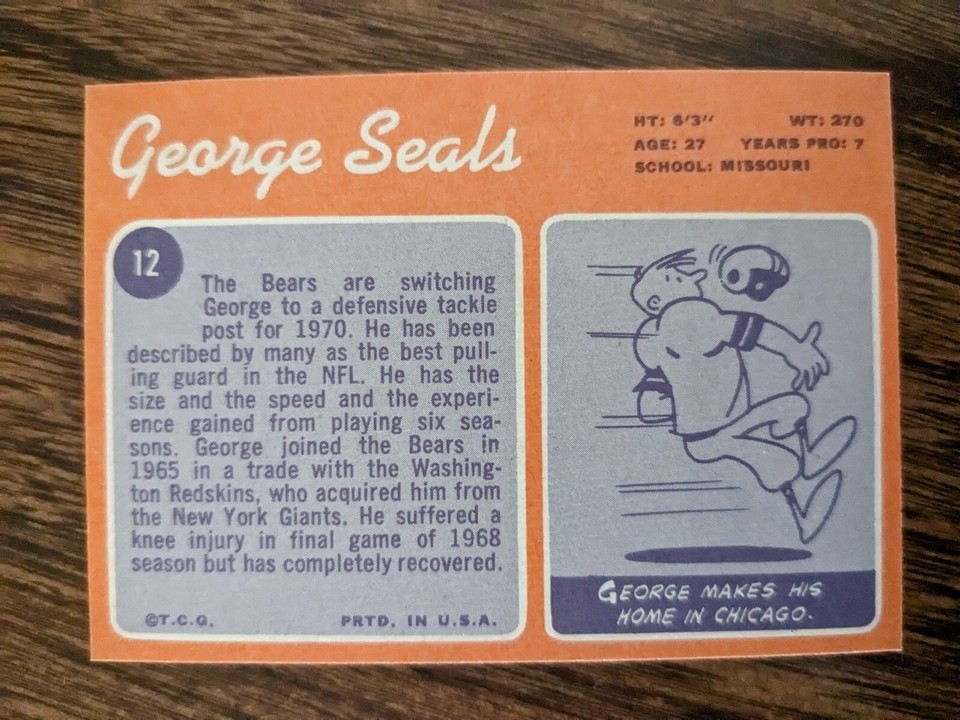 1970 Topps #12 George Seals - Rookie - Chicago Bears! Very Nice Card ...