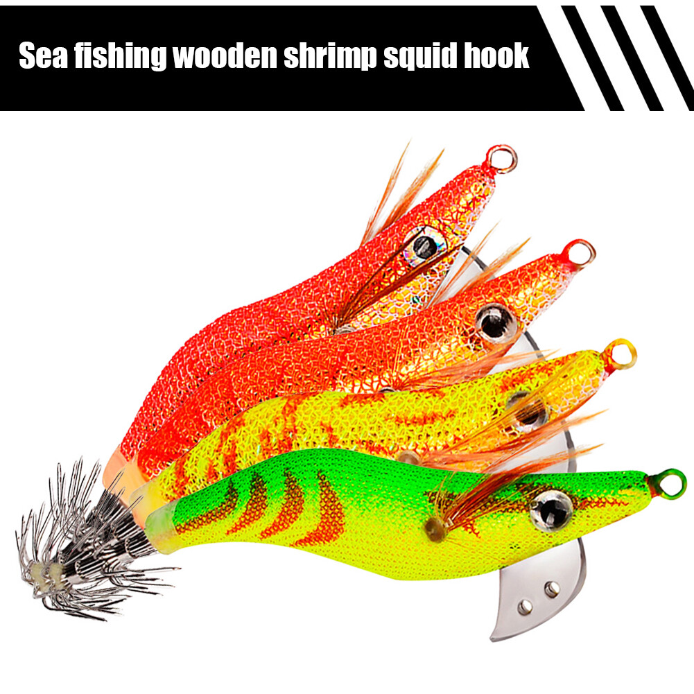 Squid Bait Wooden Shrimp Jig Fishing Octopus Cuttlefish Artificial Lure ...