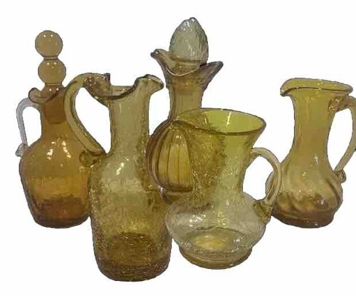 5 Blenko, Pilgrim Hand Blown Amber Cracked Art Glass Pitchers Cruets ...