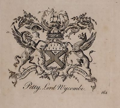 1779 ANTIQUE PRINT ~ PETTY ~ FAMILY CREST COAT OF ARMS LORD WYCOMBE ...