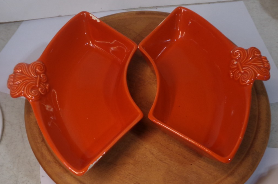 Vintage CALIFORNIA POTTERY Lazy Susan RELISH TRAY Gold & Orange with ...