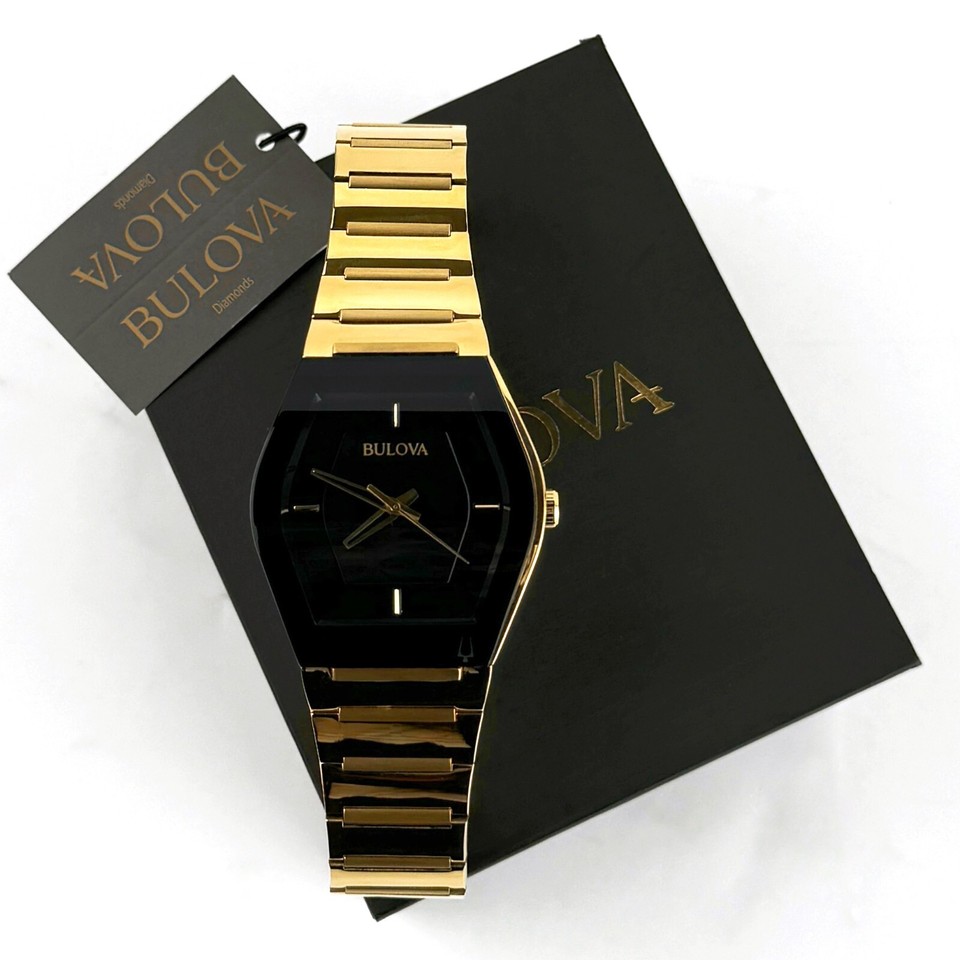 Bulova Gemini Stainless Steel Gold Tone Black Dial Men's Watch 97A164 ...
